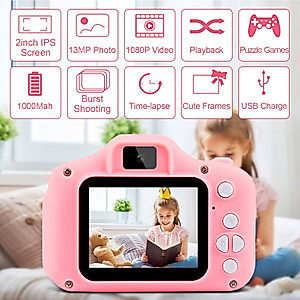 1080P Kids Camera for Girls, Toddler Camera for Christmas Birthday Festival Gift, Children Rechargable Selfie Camera Toy for 3-9 Year Old Girls, Multi-Functional Kids Digital Camera with 32GB SD Card