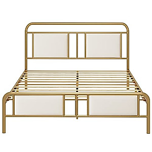 Hasuit Queen Size Bed Frame with Tufted Upholstered Oval Headboard, Heavy Duty Golden Metal Bed Frame Metal with Wooden Slats, Easy Assembly, No Box Spring Needed
