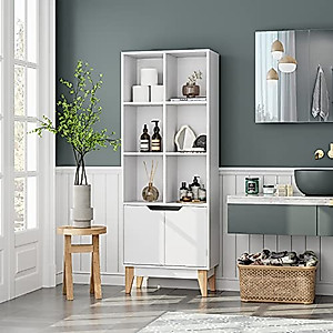 FOTOSOK Modern Bookcase with Doors, 3-Tier Tall Bookshelf Storage Cabinet with 6 Cubes and 4 Pine Legs, Freestanding Standard Display Book Shelves for Living Room Bathroom Home Office, White