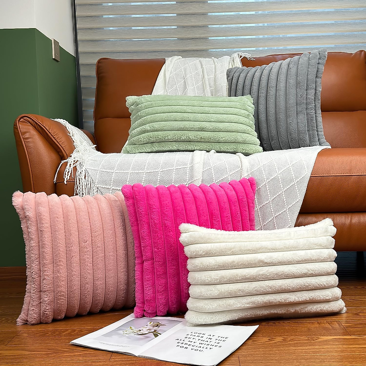 16x16 Throw Pillow Covers Set of 2, Decorative Faux Fur Covers for Bed, Couch Soft Fluffy Pillow Cover with Velvet Back for Living Room, Neutral Home Décor Accent for Sofa - Pink