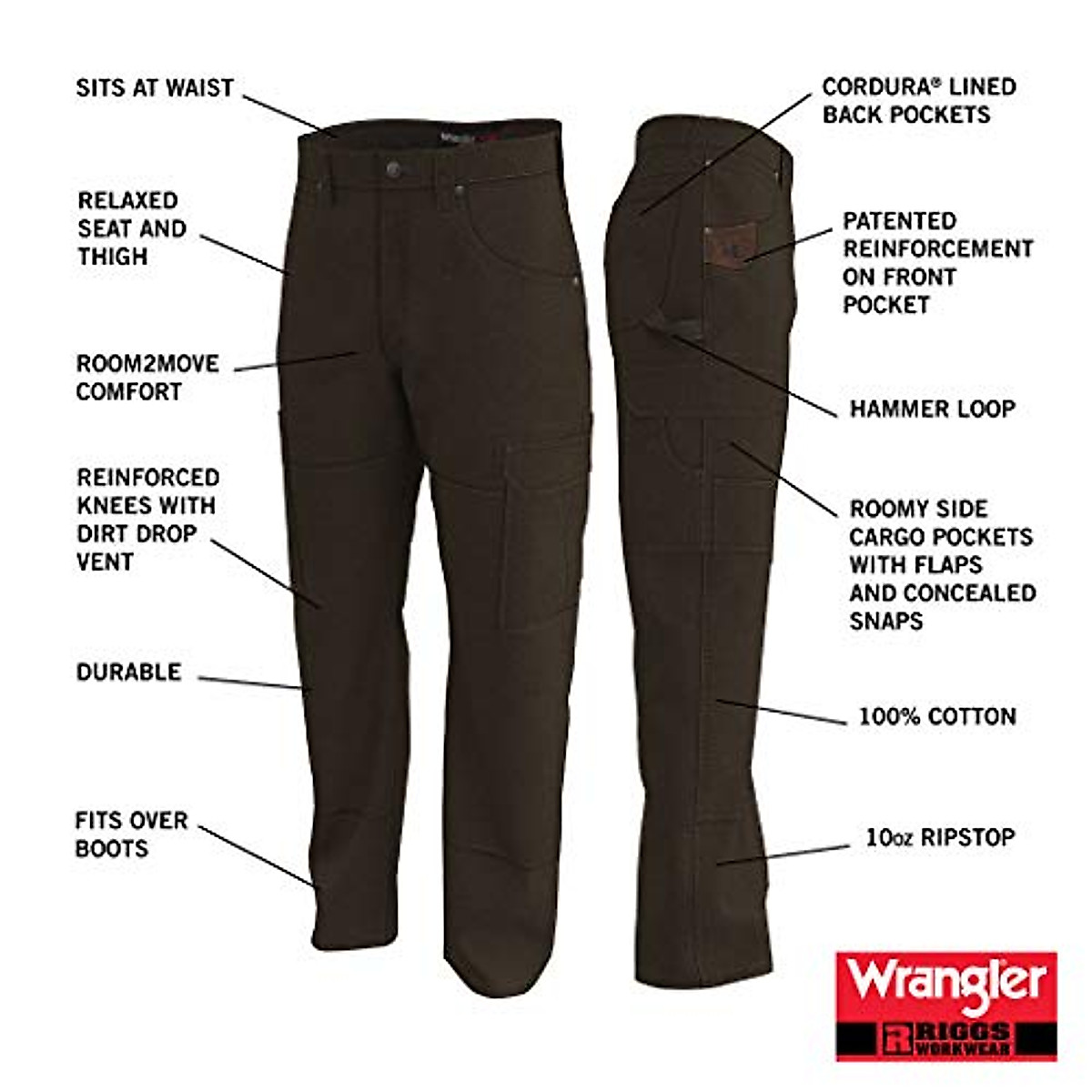 Wrangler Riggs Workwear mens Ranger work utility pants, Dark Brown, 34W x 32L US