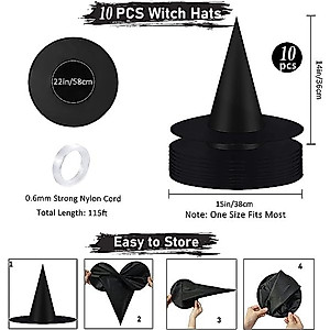 LANLV Halloween Costume Witch Hat Set - 10 Pieces Black Witches Hats with 100 Yards Hanging Rope for Party Yard Decoration