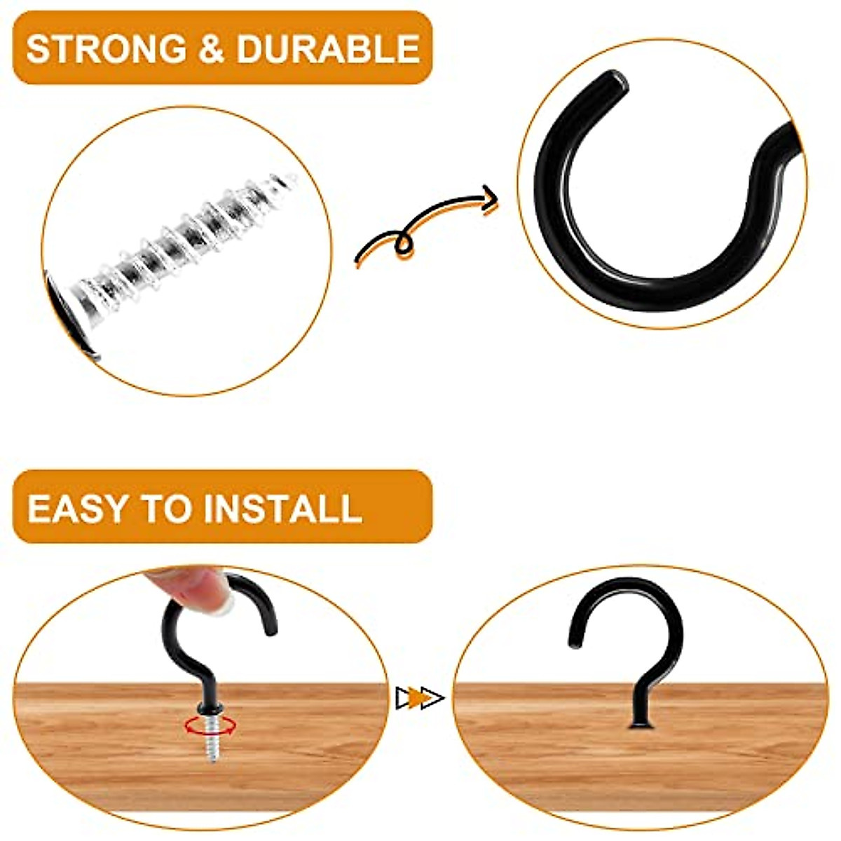 Biaungdo 2 Inch Metal Screw-in Hooks, Black and White Ceiling Cups Hooks for Hanging, 12 Pcs