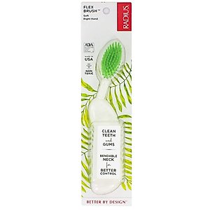 RADIUS - Scuba Right Hand Toothbrush, Soft Bristles, Flex-Neck Technology that Reduces Pressure on Teeth and Gums, Made with Sustainable Materials (Colors May Vary)