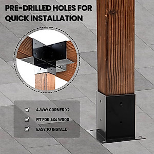 Anman 4-Way Right Angle Corner Wood Brackets(Alloy Steel) with Screws for 4x4 (Actual: 3.5x3.5), DIY Pergola Kit/Gazebo Kit/Patio/Sheds (4 Way pergola Brackets & Flange Anchor Bases (2 PCS))