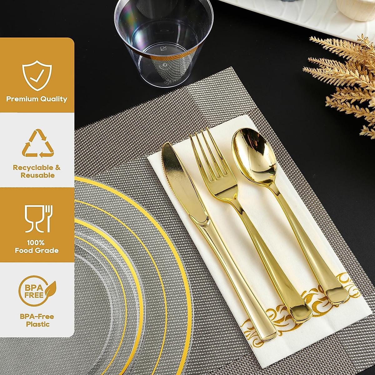 FOCUSLINE 350 Clear Gold Dinnerware Set for 50 Guests, Clear Plastic Plates with Gold Rim Disposable Heavy Duty, Including 50 Dinner Plates, 50 Dessert Plates, 50 Napkins, 50 Cups, 50 Silverware Set