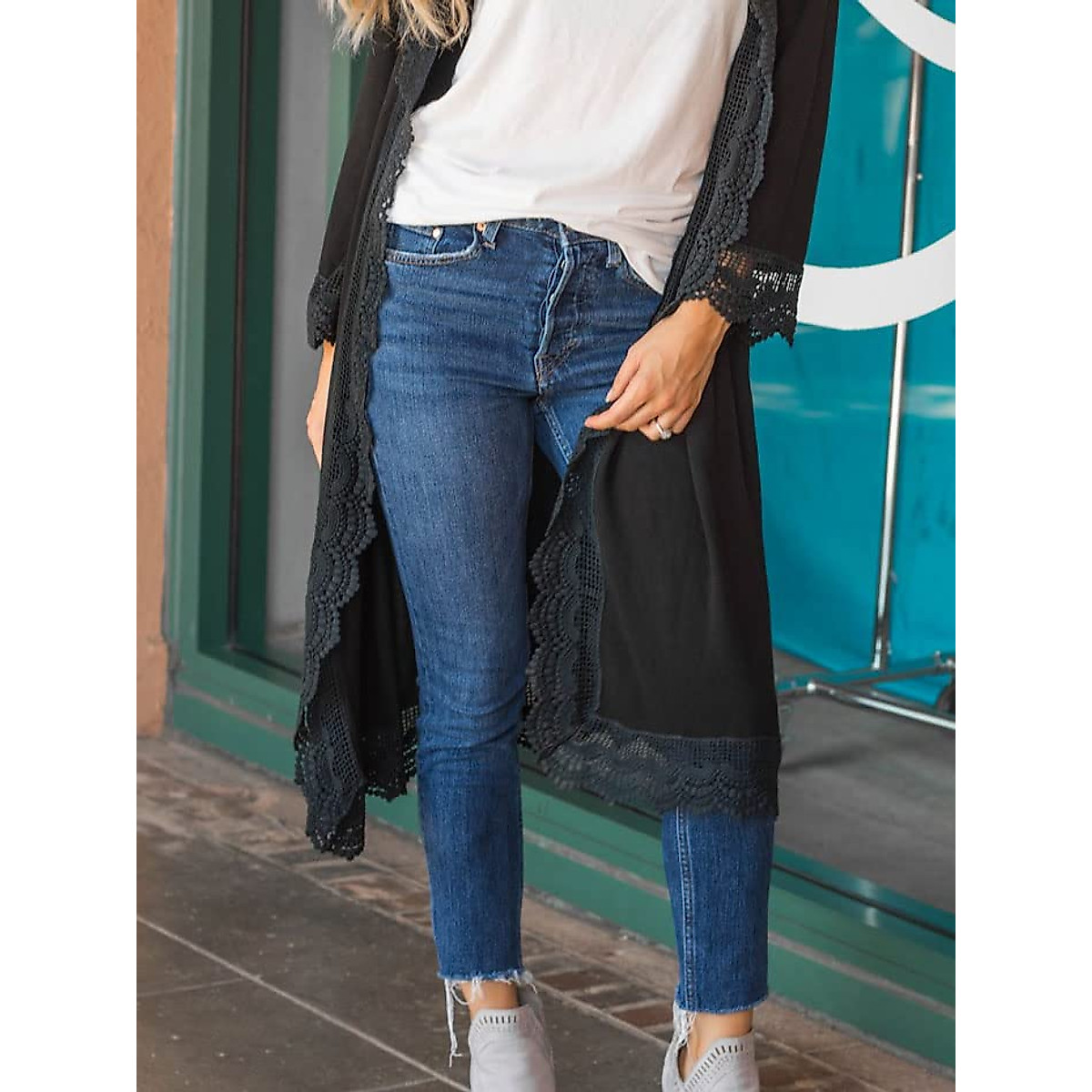 Tickled Teal Women's 3/4 Sleeve Lace Trim Casual Wrap Cardigan Coverup Outerwear Sweater (Black, Large)