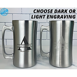 Personalized Beer Mug: Custom Engraved Stainless Steel Stein for Men, Groomsmen, Dad - Large 20 oz, Laser Engraved Beer Glass