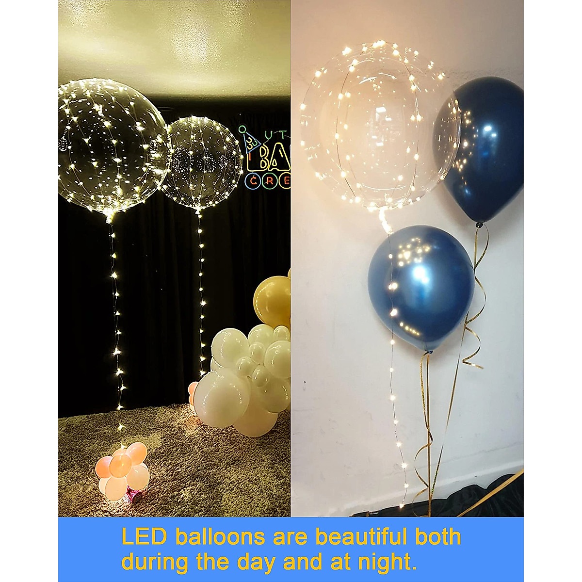 LED Balloons Light Up Balloons - 10 Pack Glow in the Dark Balloons, 20 Inch Clear Bobo Balloons with Lights, Bubble Balloons with String Lights, Helium Glowing Balloons for Party