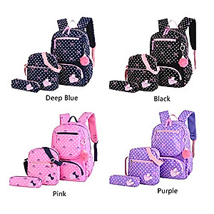 EKUIZAI 3Pcs Heart Prints Backpack Sets 3 in 1 Bowknot Primary Schoolbag Travel Daypack School Bag Kid Backpack for girls (Blue)