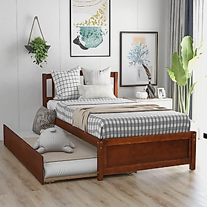 n/a Twin Size Platform Bed Wood Bed Frame with Trundle, Pine