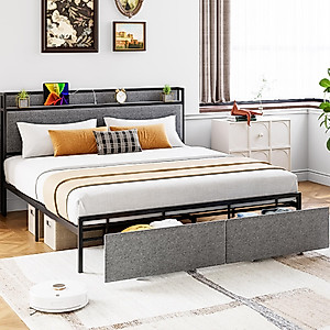 GarveeHome Full Size Bed Frame with 2 Drawers and Shelf Headboard, Charging Station with USB Port & Outlets, Upholstered Heavy Duty Platform Bed with Storage, No Box Spring Needed, Light Grey