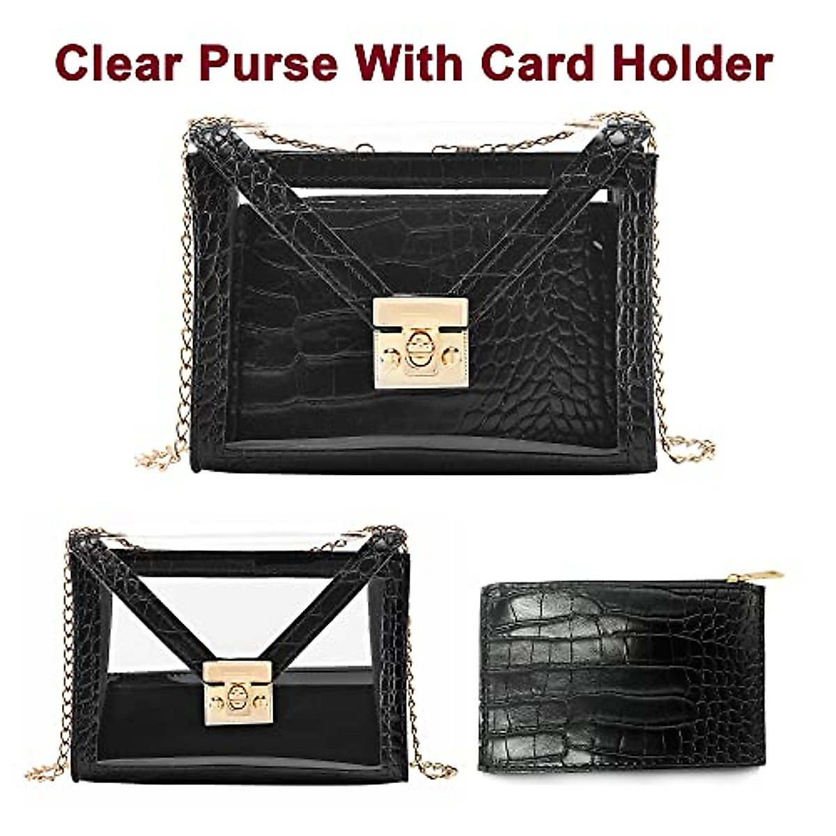Ayliss Mini Clear Crossbody Purse Bag Crocodile 2 in 1 Transparent Shoulder Bag Clutch Clear Stadium Purse Handbags Chain (Mini,Black)