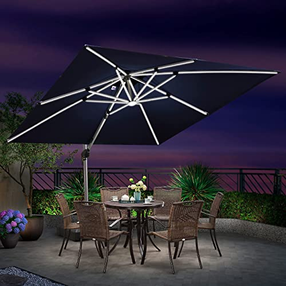 PURPLE LEAF 10 Feet Double Top Deluxe Solar Powered LED Square Patio Umbrella Offset Hanging Umbrella Outdoor Market Umbrella Garden Umbrella, Navy Blue