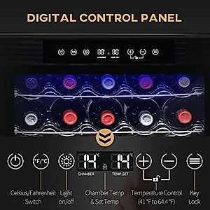 HOMCOM 33 Bottle Wine Cooler, Mini Beverage Fridge, Freestanding Wine Cellar with Digital Temperature Control, 6 Removable Shelves, Glass Door, Alarm Function and LED Lighting, Black