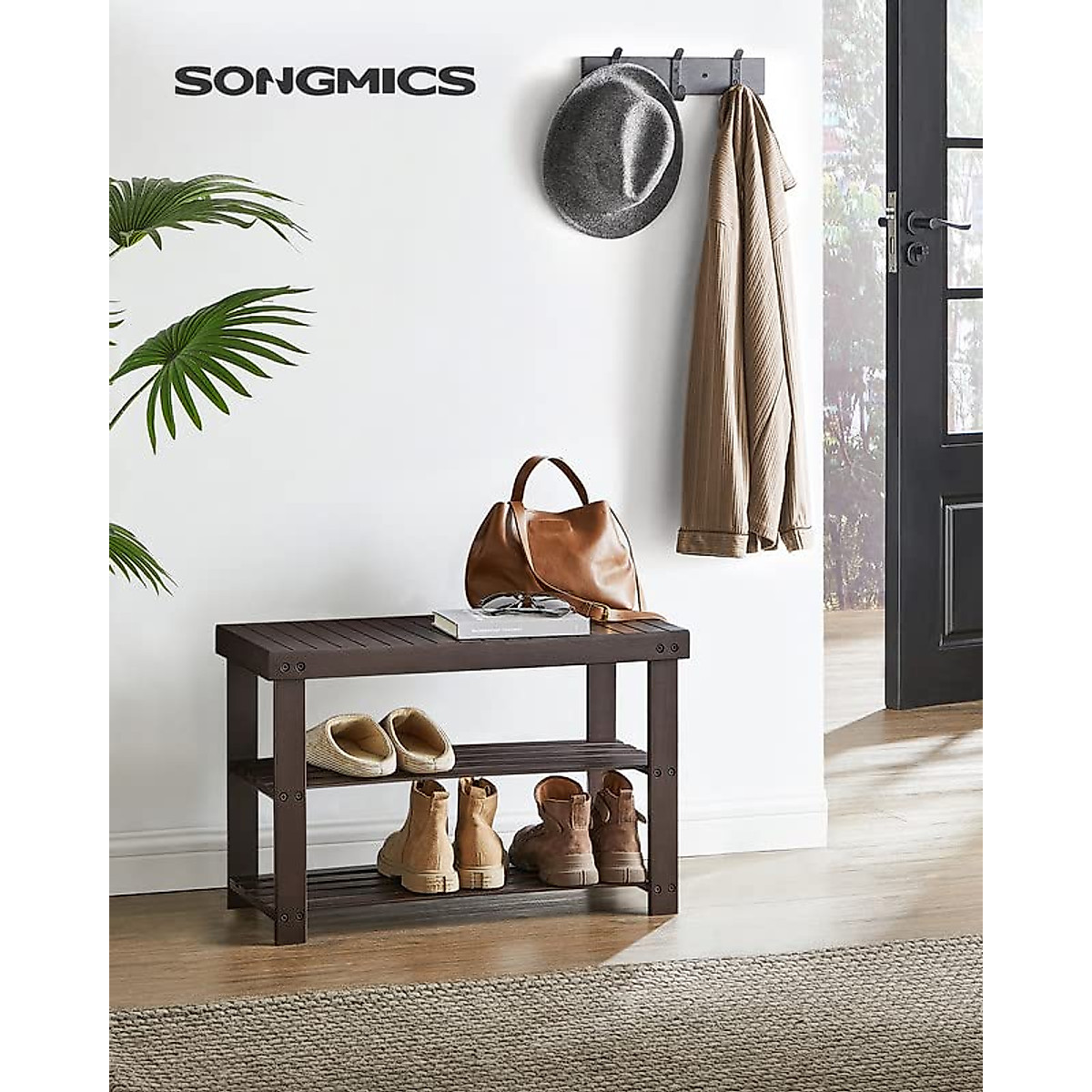 SONGMICS Shoe Rack Bench, 3-Tier Bamboo Shoe Storage Organizer, Entryway Bench, Holds Up to 286 lb, for Entryway Bathroom Bedroom, Brown ULBS04Z