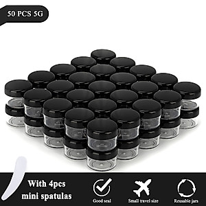 50PCS 5 Gram Sample Containers, 5ml Empty Jars with Lids, Small Cosmetic Containers, Mini Sample Jars with 4PCS Mini Spatulas for Make Up, Oils, Lotion, Powder, Paint, Jewelry, Lip Balms(Black Lid)