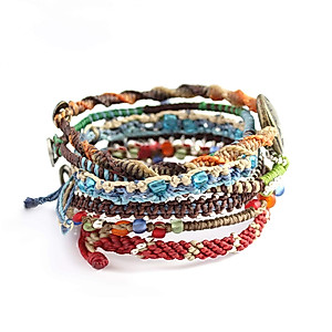 Wakami Earth Handmade Boho Bracelets Set of 7 | Braided Indie Bracelets for Women and Men | Beaded, Stackable, Handmade by Artisans, Waterproof Waxed Thread | EARTH