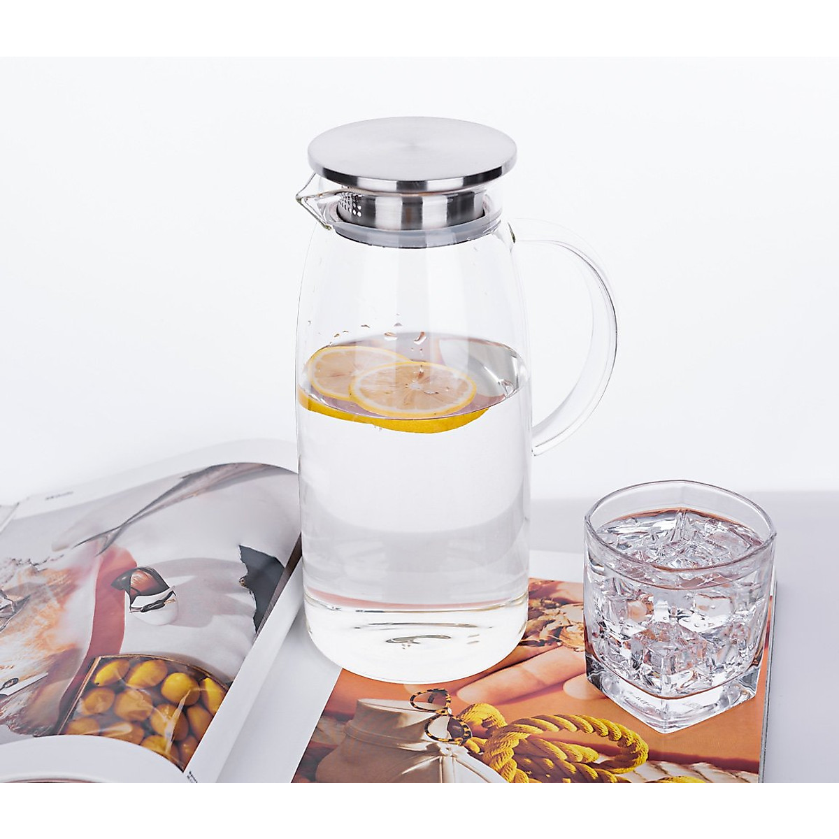 60 Ounces Glass Pitcher with Lid, Hot/Cold Water Jug, Juice and Iced Tea Beverage Carafe
