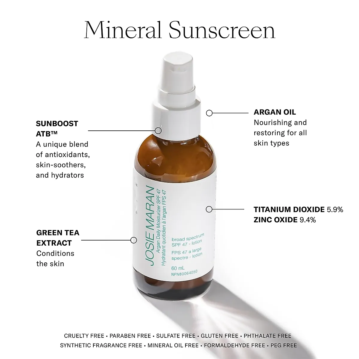 Josie Maran Argan Oil Daily Facial Moisturizer with SPF 47 & SunBoost ATB - Lightweight, Chemical Free Facial Sunscreen with Jojoba Oil & Green Tea - Smooths Texture & Boosts Radiance (2 oz)