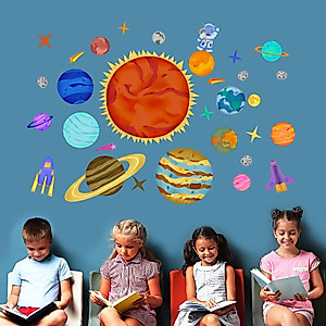 Planets in Space Wall Stickers, Solar System Wall Decals for Boys, Spaceship Stars Nursery Bedroom Playroom Wall Decor, Space Explorer Peel & Stick Wall Mural for Kids Toddler Classroom Decoration