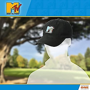 MTV Throwback Style Embroidered Logo Cotton Adjustable Baseball Cap with Curved Brim, Black, One Size