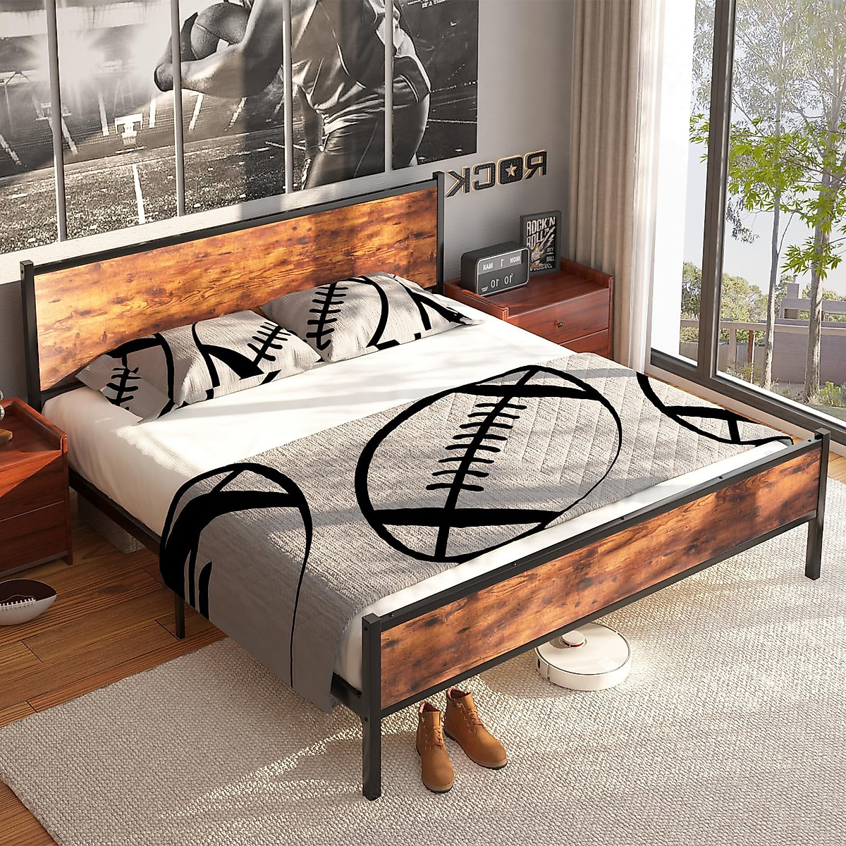 Wokerwie Full Size Wood Platform Bed Frame, with Retro Wooden Headboard and Footboard, Stable Metal Frame Support, No Box Spring Needed, Large Under Bed Storage, Easy Assembly, Noise Free, Brown