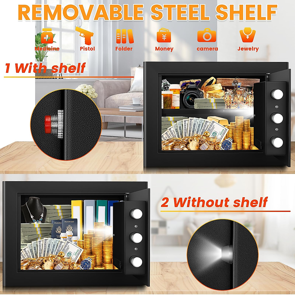 GHJGAGE 2.0 Cubic Large Safe Box Fireproof Waterproof, Anti-Theft Fireproof Safe with Digital Keypad & Mute Function, Security Home Safe for Money Firearm Documents Valuables