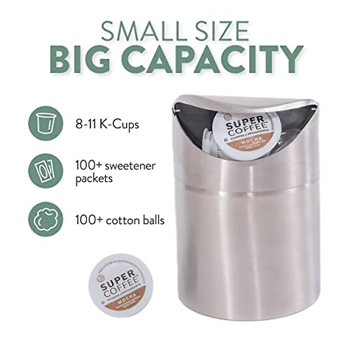 Estilo Mini Countertop Trash Can, Brushed Stainless Steel, Swing Top Lid Trash Bin 1.5 L / 0.40 Gallon, Silver Trash Can, Kitchen Countertop, Bedroom, Home Office, (EST0159)