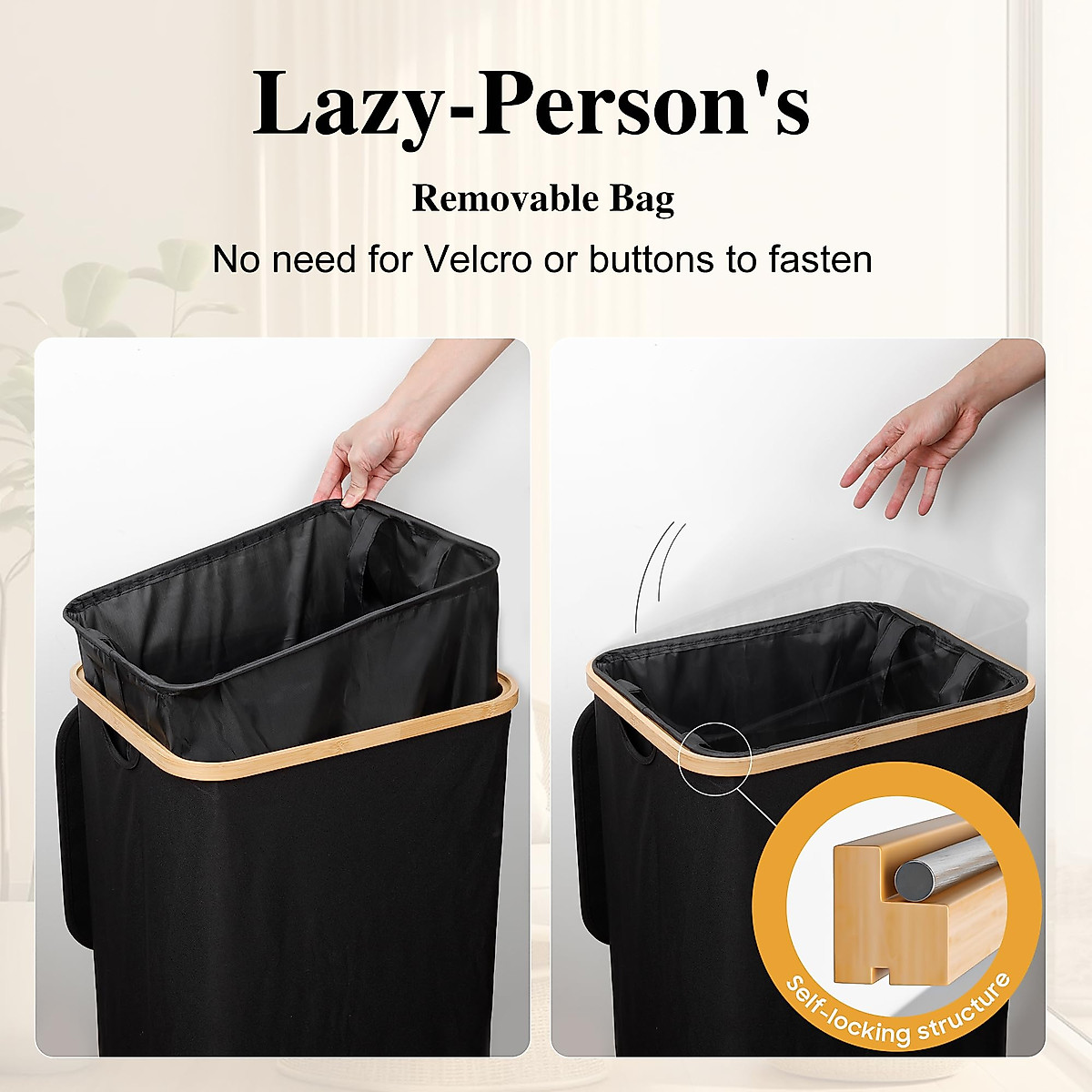 Foluck Large Laundry Hamper, 100L Waterproof Laundry Basket with Lid and Removable Bag, Collapsible Tall Clothes Hamper with Bamboo Handles for Clothes Toys in Dorm Bedroom Bathroom, Black