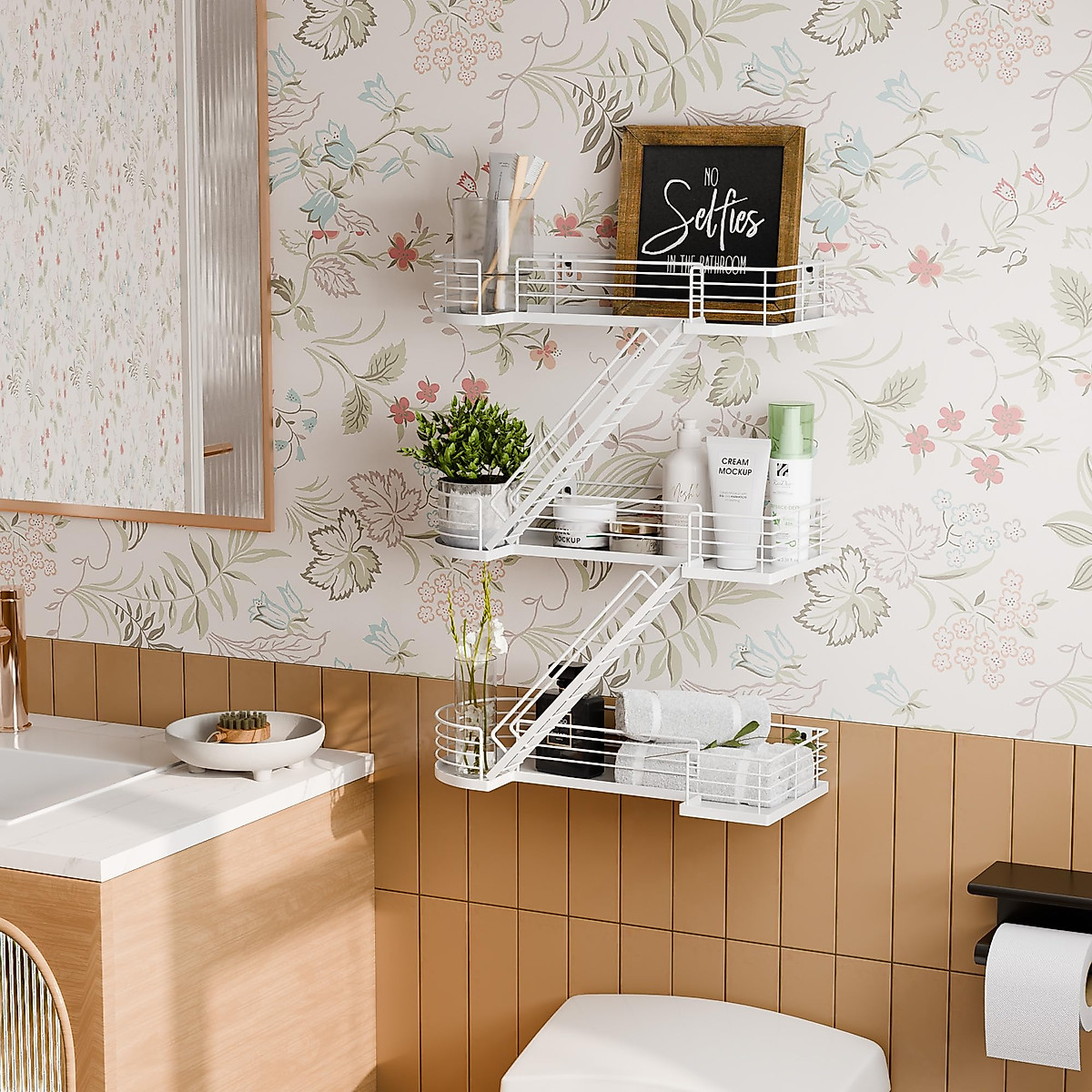 YEMNMFH 15 Inch Fire Escape Wall Shelf - White Metal Decorative Shelves, Eye-Catching Figurine Display Shelf Wall Mounted, Unique Ladder Home Décor for Knick Knack, Action Figure, Bedroom, Bathroom