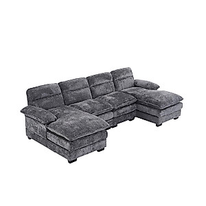 Chenille U Shaped Modular Sectional Sofa,6 Seat Couch 6 Deap Seats Corne, Oversized Convertible Upholstery,Symmetrical Sofa Cloud Couches with Double Chaise for Living Room Apartment (Grey)