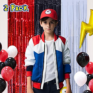 Maga-L Cartoon Monster Birthday Party Supplies,2 Pack Red Black and White Foil Fringe Curtains, Animation Themed Photo Booth Prop, Photo Backdrop, Streamers for Kids Cartoon Birthday Party Decorations