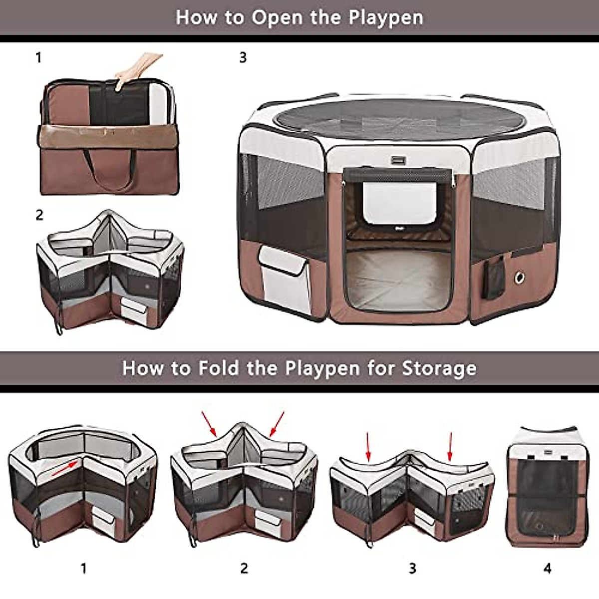 DONORO Dog Playpen 46" Portable Pet Play Pens for Small Medium Dogs, Cat Playpen Indoor/Outdoor with Carring Case, Removable Zipper Top and Bottom