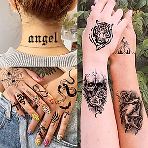 Bilizar 63 Sheets Tribal Wolf Lion Tiger Temporary Tattoos For Men Women Adults, Scary Halloween Skull Gangster Fake Tattoo Stickers Kids, Small 3D Realistic Tattoos Thigh Arm Neck Elephant Warrior