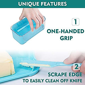 Butter Dish with Lid and Knife,Airtight Butter Container Covered Butter Dish for Countertop or Fridge,ABS Plastic Butter Dishes with an Attached Flip-Top Lid (Blue)