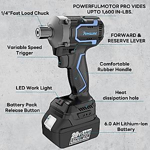 Powilling Impact Driver Kit - 20V Electric 1/4 Inch Hex Impact Drill/Driver Set，2 Variable Speed, with 6.0Ah Battery and Charger, 14Pcs Socket and Tool Case Includ