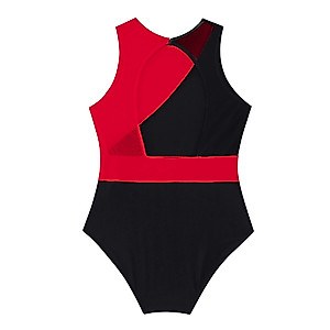 Aislor Girls' Ballet Dance Leotard Sleeveless Mesh Patchwork Criss Cross Back Unitards Gymnastic Jumpsuit Activewear Red&Black 14 Years