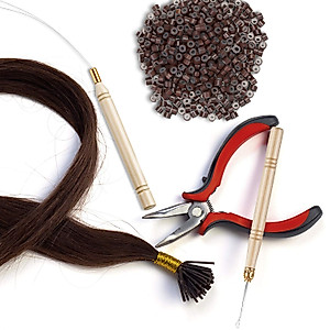Hair Extension Kit Pliers Pulling Hook Needle Bead Device Tool Kits and 600 Pieces Silicone Lined Micro Rings (Black, Blonde and Brown Beads)