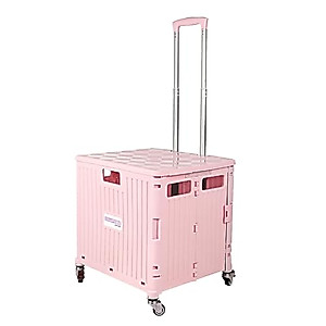130LB Shopping Cart Folding Utility Cart Collapsible Shopping Handcart w/4 Wheels Rolling (Pink)