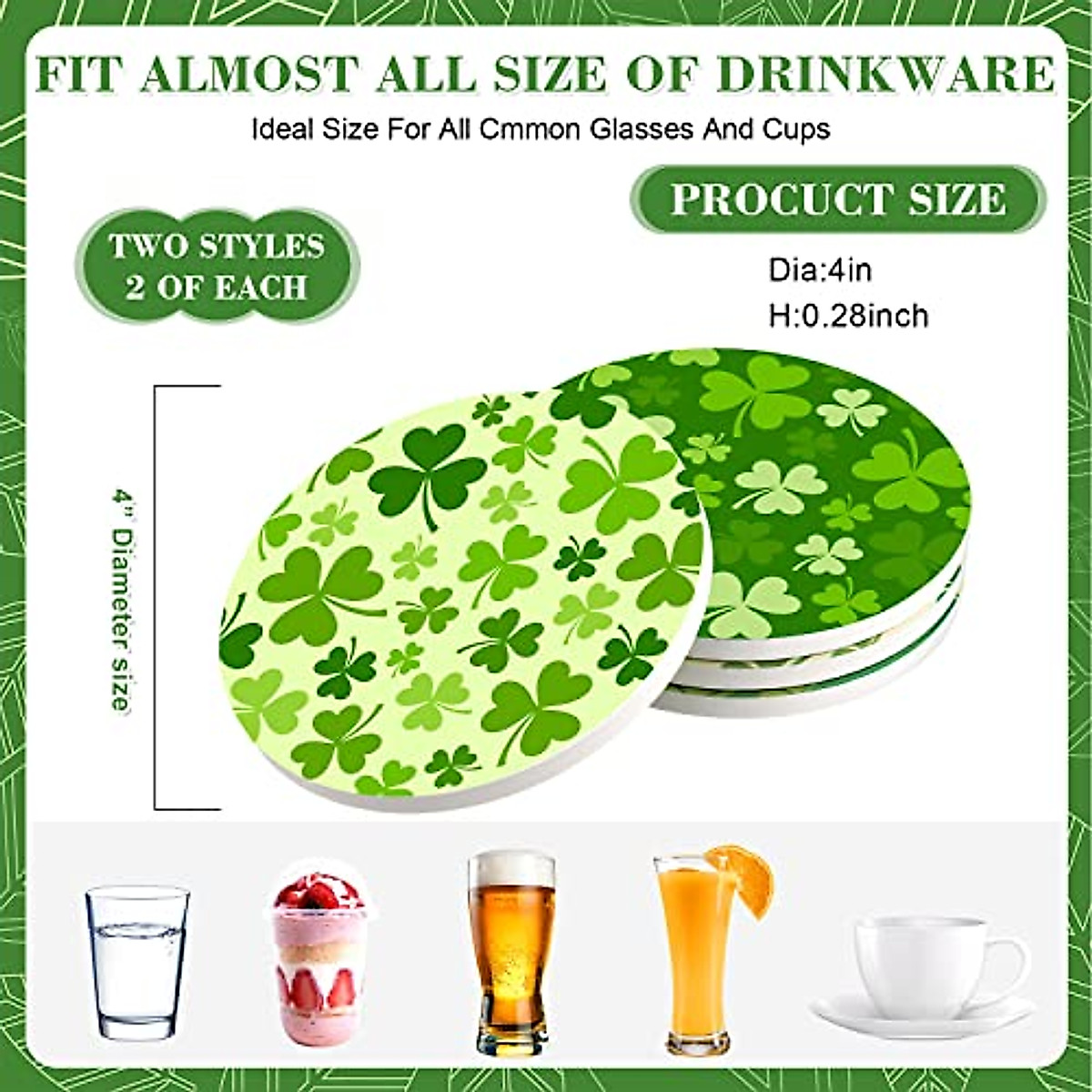 Happy St Patrick's Day Coasters for Drinks 4 Pieces Set Shamrocks Clover Bar Cup Coaster Round Cork Coasters Thick Cork Drink Bar Coasters for Table Kitchen Dining Home Decor, 3.94 Inches