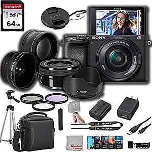 Sony a6400 Mirrorless Camera with 16-50mm Lens 64GB Memory.43 Wide Angle & 2X Lenses, Case. Tripod, Filters, Hood, Grip, & Professional Video & Photo Editing Software Kit