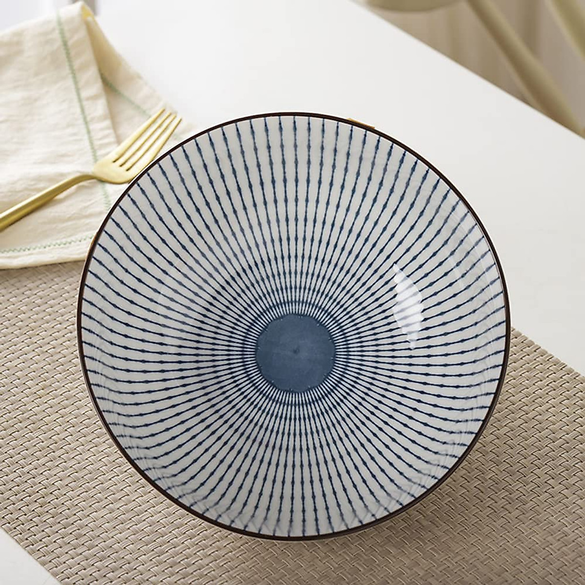 Hesen 60 oz Large Soup Bowl, Pho Bowls, Japanese Ramen Bowl Set, Big Porcelain Bowls Set of 3, 8 inches, Stripe Pattern