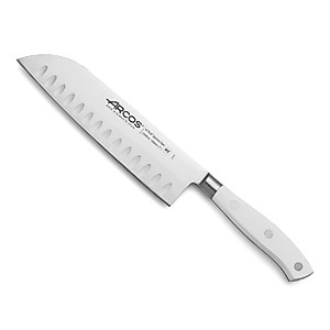 ARCOS Forged Santoku Knife 7 Inch Stainless Steel. Japanese Sharp Knife For Cutting Meat, Fish and Vegetables. Ergonomic Polyoxymethylene Handle and 180mm Blade. Series Riviera Blanc. Color White,
