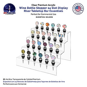 Marketing Holders Wine Bottle Topper Liquor Pourer Display Stand Multi Level 24 Slot Rack with .75 Inch Wide Holes Clear Acrylic Riser 11.5" Wide by 10" Deep Retail Countertop Showcase