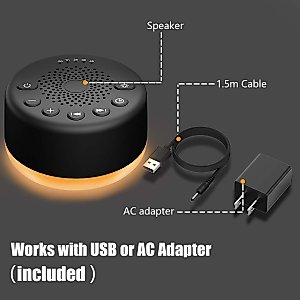 Sound Machine Easysleep White Noise Machine with 25 Soothing Sounds and Night Lights with Memory Function 32 Levels of Volume and 5 Sleep Timer Powered by AC or USB for Sleeping Relaxation (Black)