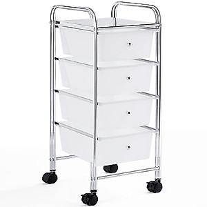 Yaheetech 4 Drawers Cart Rolling Plastic Storage Cart and Organizer Metal Frame Plastic Drawers Plastic Trolley Organizer on Wheels, White