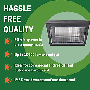 E2 Lighting Non Cut Off LED Wall Pack 80 watts with Emergency Battery Backup and photocell / E2WP80W27V50K-E, RoHs Compliant UL and DLC Certified LED Wall Packs Commercial, 5 Year Warranty