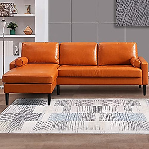 BALUS Faux Leather Sofa Couch | L Shaped Mid-Century Couch with Bolster Pillows | Chaise Lounge Indoor | Cognac Tan Sectional Furniture for Living Room Apartment