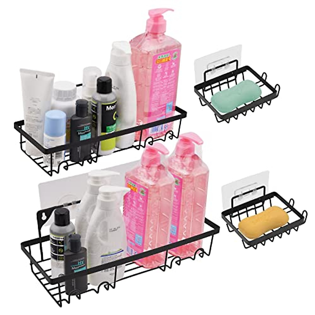 FEULAM Shower Caddy, Adhesive Bathroom Shower Organizer Shelves, Rustproof Shower Caddy Basket, Wall Mount Shower Racks For Inside Shower With 2 Soap Dish (BLACK)